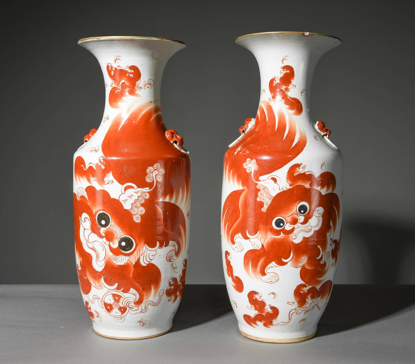 Pair Of Asian Orange Foo Dog Patterned Porcelain Vases Auction