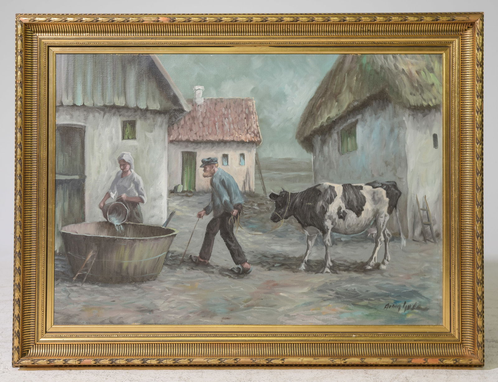Arling Gade Signed Oil On Canvas Farmer With Cow