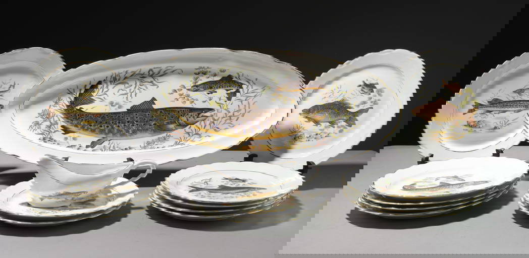 14pc French Fish Plate Set Platter, Plates & Boat