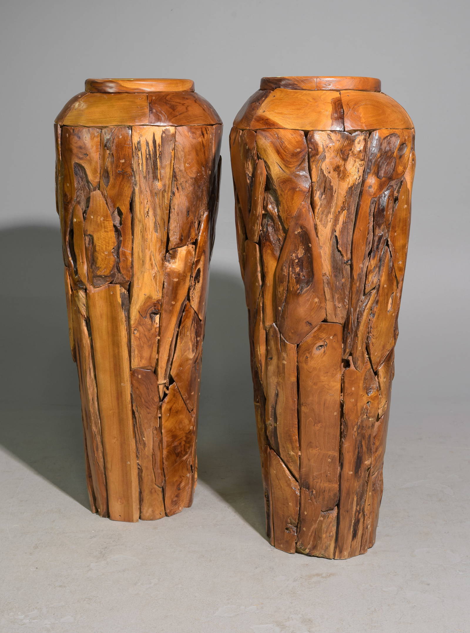 2 Tall Teak Root Planters / Vases Auction