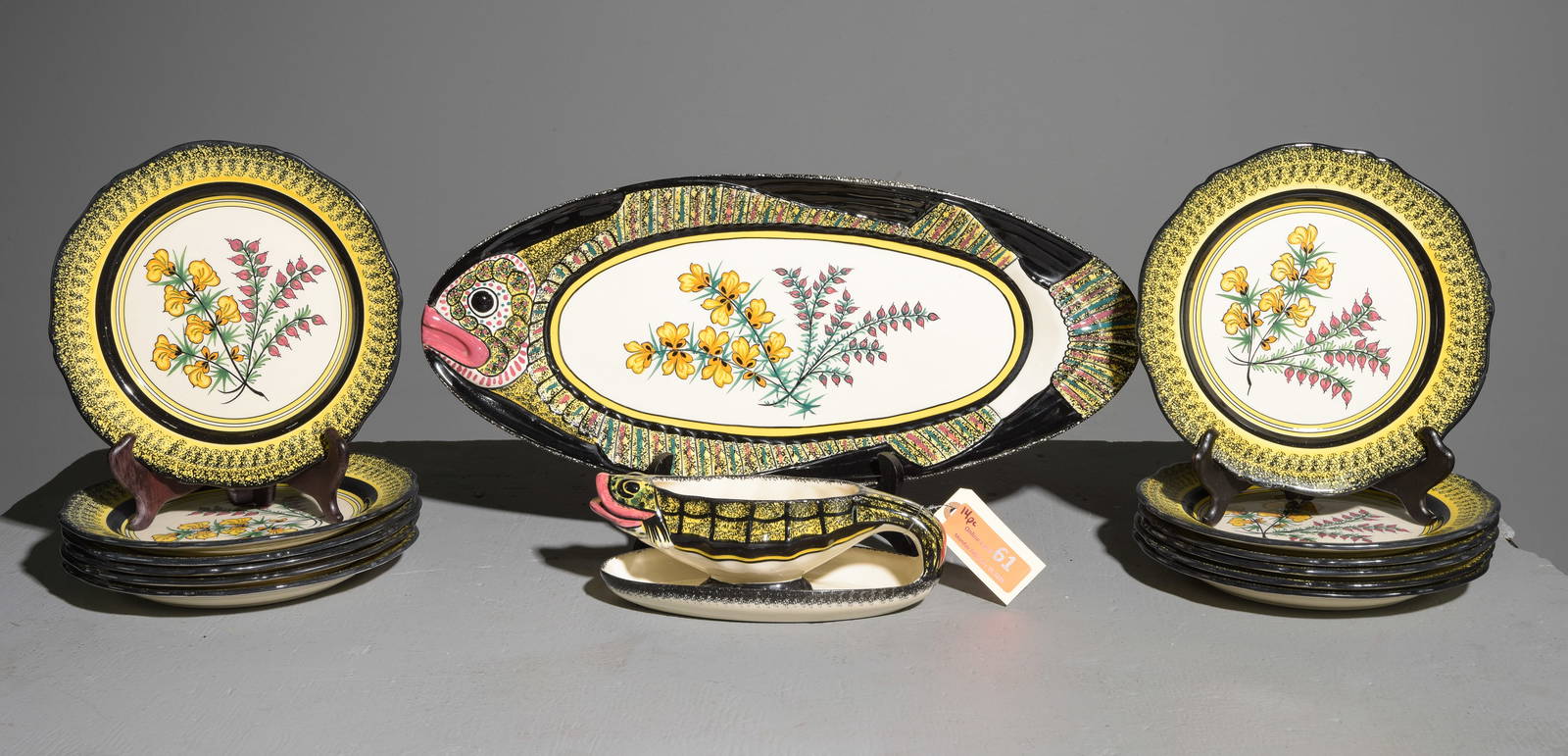 14pc Quimper Fish Plates - Platter, Plates, Sauce Boat Auction