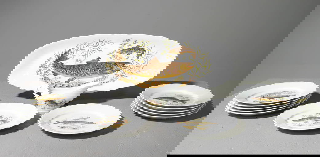 14pc French Fish Plate Set Platter,12 Plates, Etc.