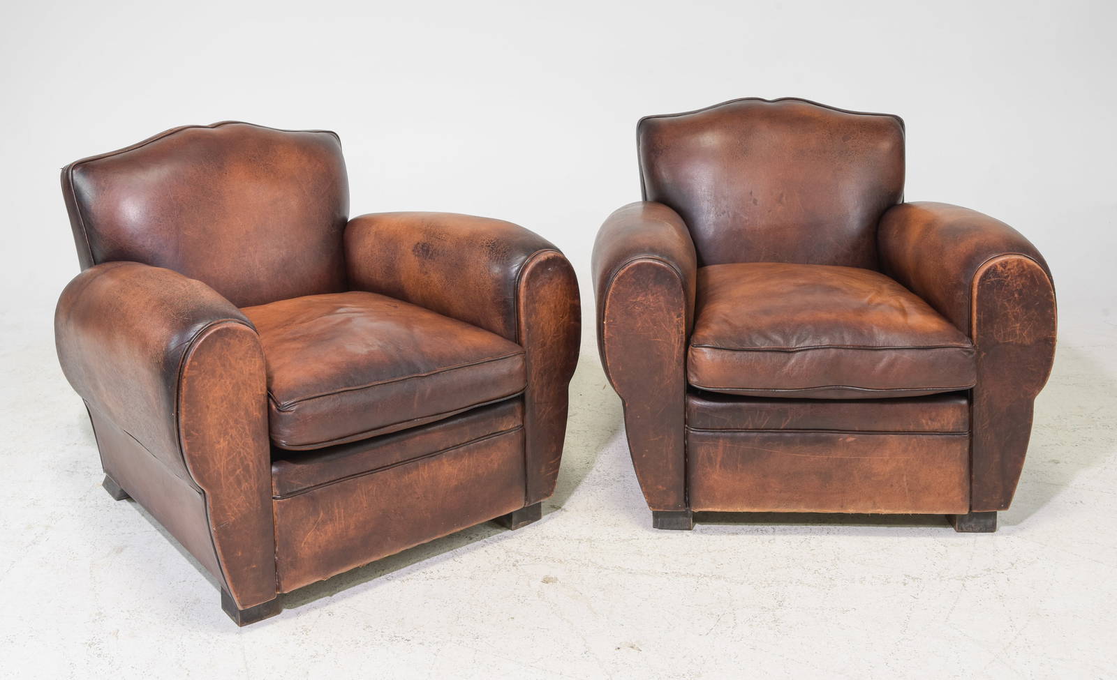 2 French Brown Leather Mustache Club Chairs Auction