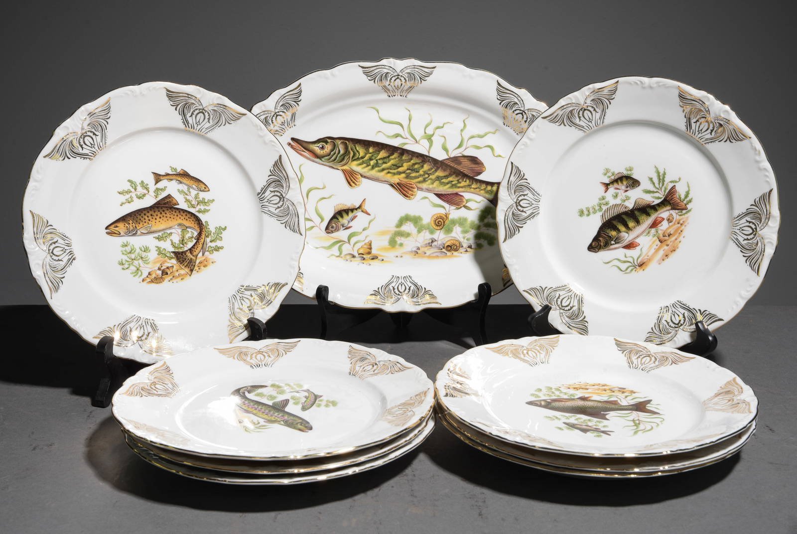 9pc French Fish Plate Set - Platter & 8 Plates Auction