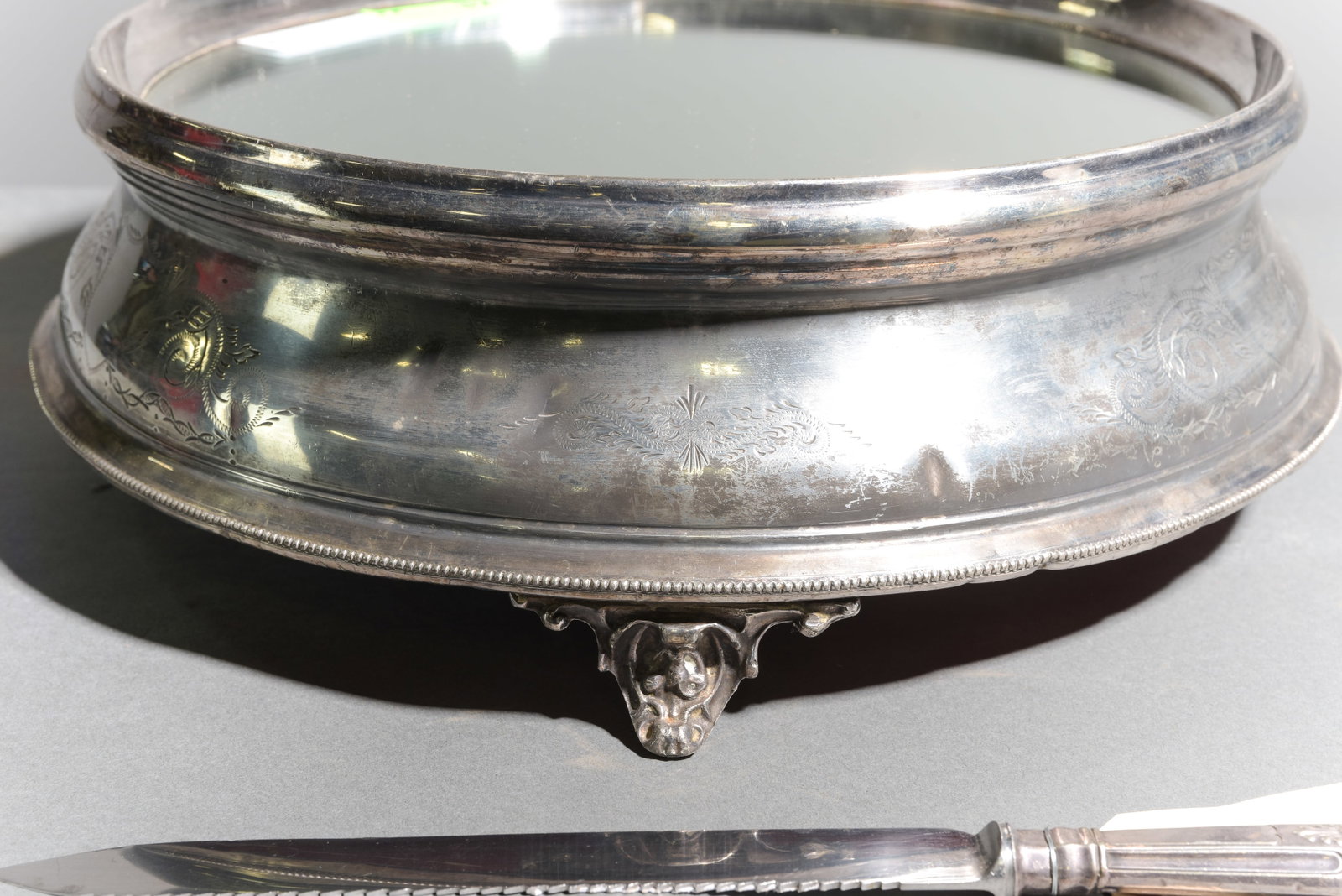 Silverplate Mirrored Plateau / Stand & Knife Auction