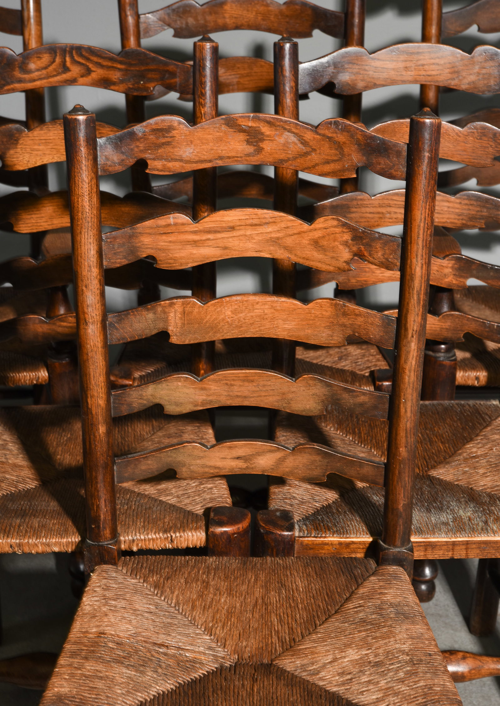 British Oak Set Of 6 Ladder Back Rush Seat Chairs Auction