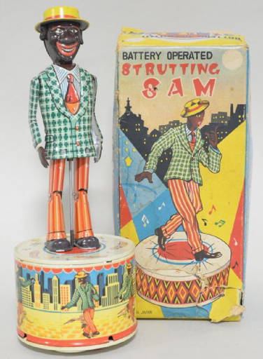 Vintage Battery Op Tin Litho Strutting Sam