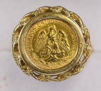 Vintage Diamond 21k 1945 2 Pesos Coin 14k Gold Nugget Ring
