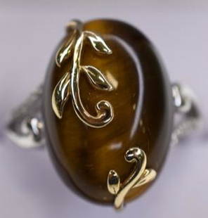 Bosovi, Tiger Eye And Diamond Sterling Silver Ring