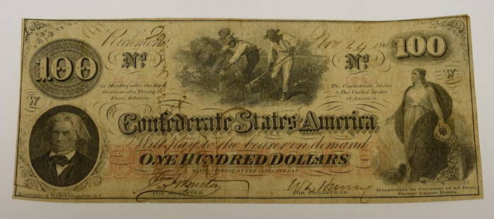 1862 $100 Confederate States Of America Note Vf (t 39)