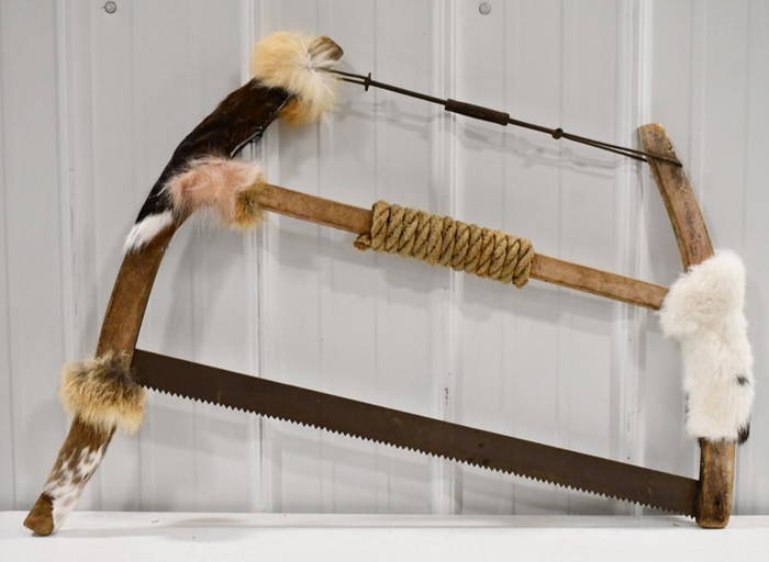 Vintage Bow Saw Wrapped In Rope & Fur