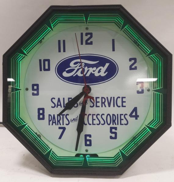 Ford Sales And Service Neon Advertising Clock