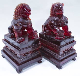 Pair Of Majestic Vintage Asian Red Resin Foo Dog Figurines