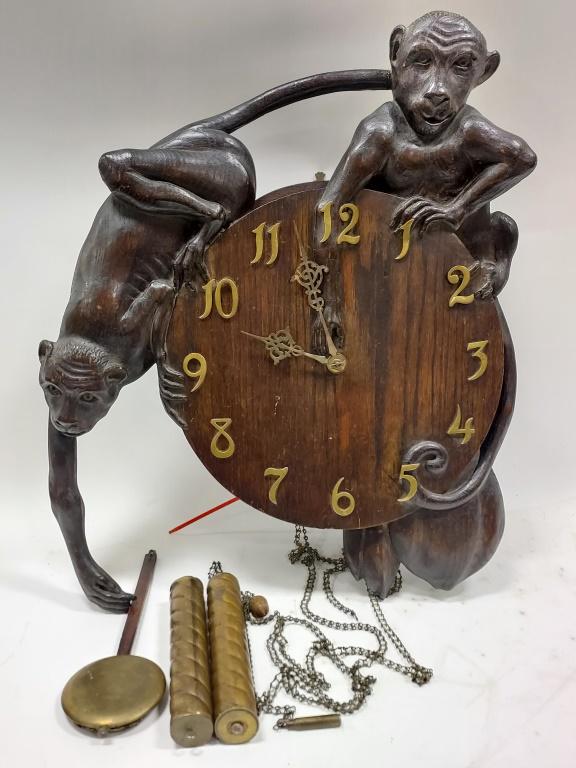 Rare Waterbury Oak Monkey Wall Clock