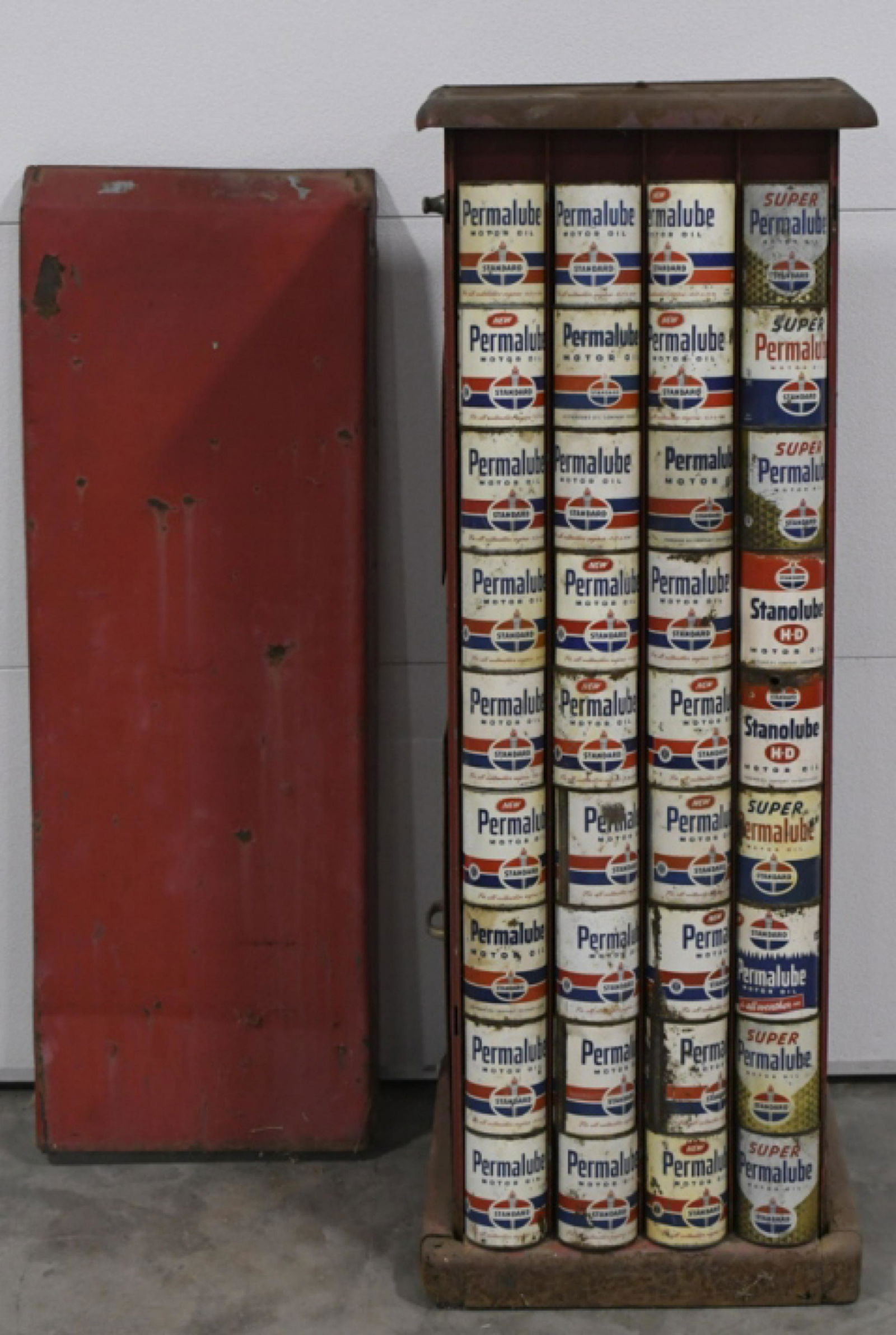 Vtg Service Station Seloil Oil Can Display Cabinet