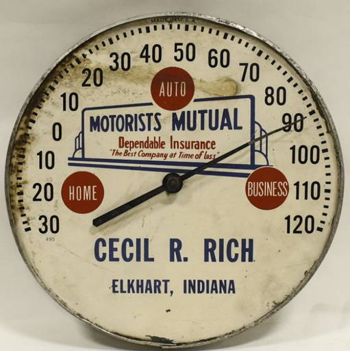 Vintage Motorists Mutual Insurance Adv Thermometer