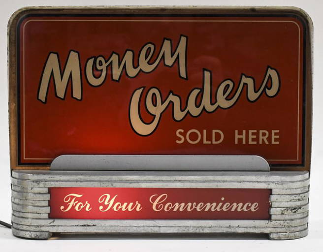 Early Art Deco Money Orders Rog Glass Lighted Sign