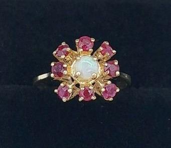 Ladies 14k Yellow Gold Ruby & Opal Ring