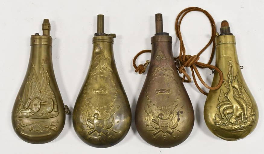 Lot Of (4) Vintage Brass Gun Powder Flasks (#1323) on Jan 08, 2023 ...