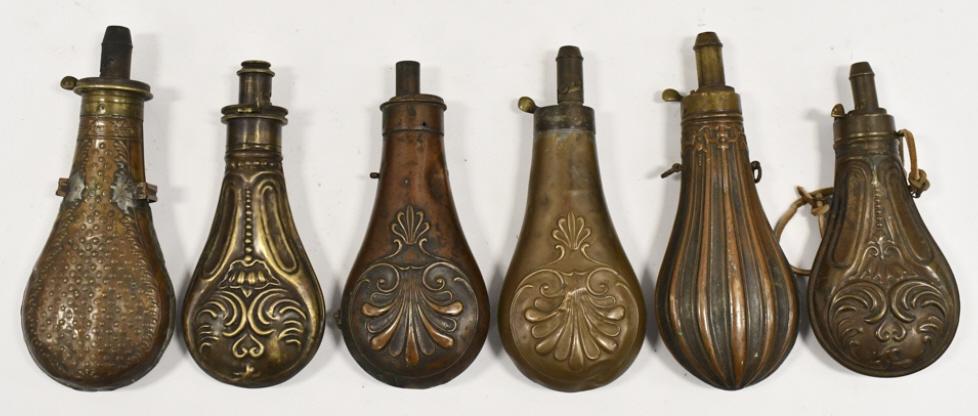 Lot Of (6) Antique Brass Gun Powder Flasks