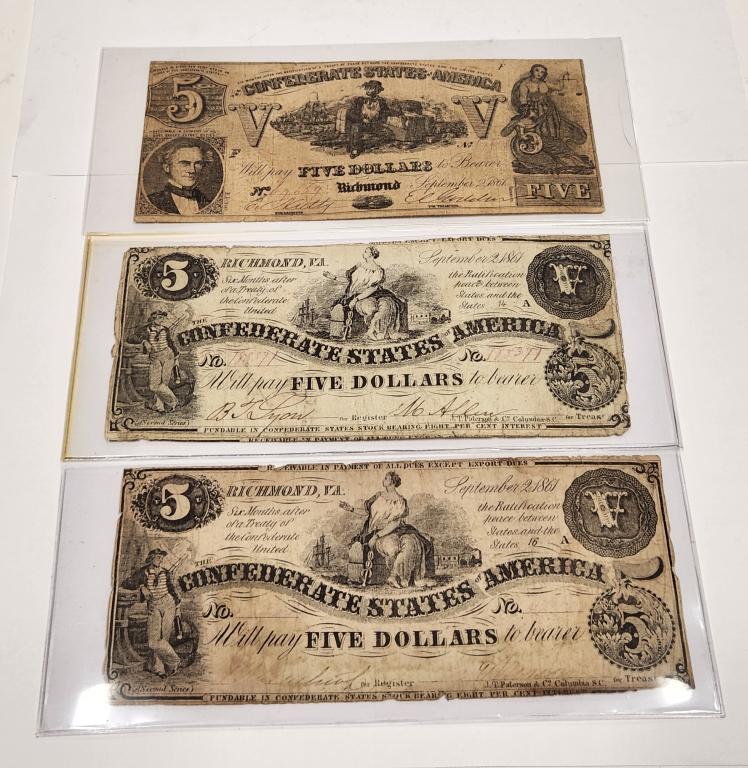 3 1861 Confederate States Of America $5 Bills