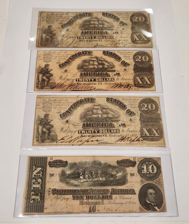 3 $20 And 1 $10 Confederate States Bills