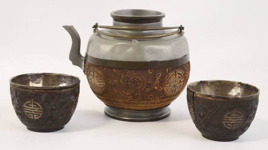 Three Piece Chinese Pewter & Coconut Tea Set (#4662) on Jan 07, 2023 ...