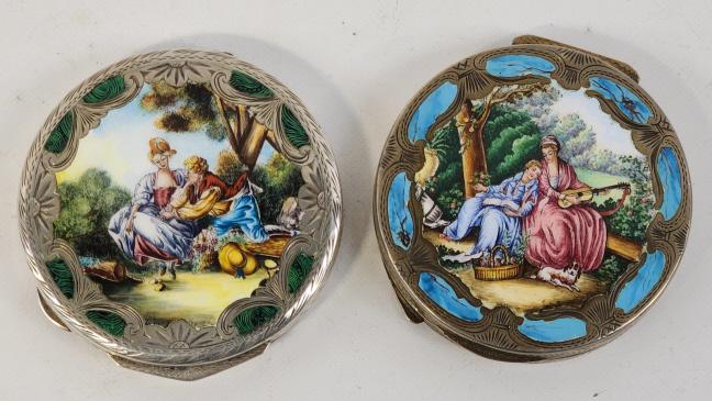 Pair Of Italian .800 Fine Silver Enameled Compacts