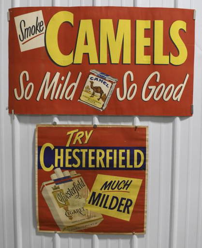 (2) Vintage Cigarette Banners Camel & Chesterfield