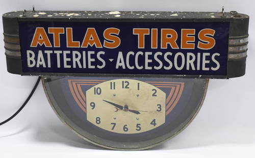 1940s Atlas Tires Rog Lighted Art Deco Style Clock