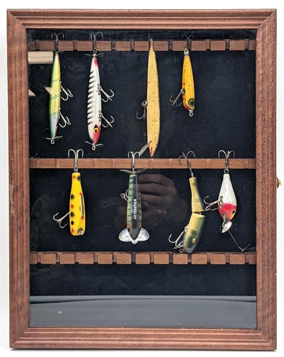 Display Case Of Various Vtg Fishing Lures