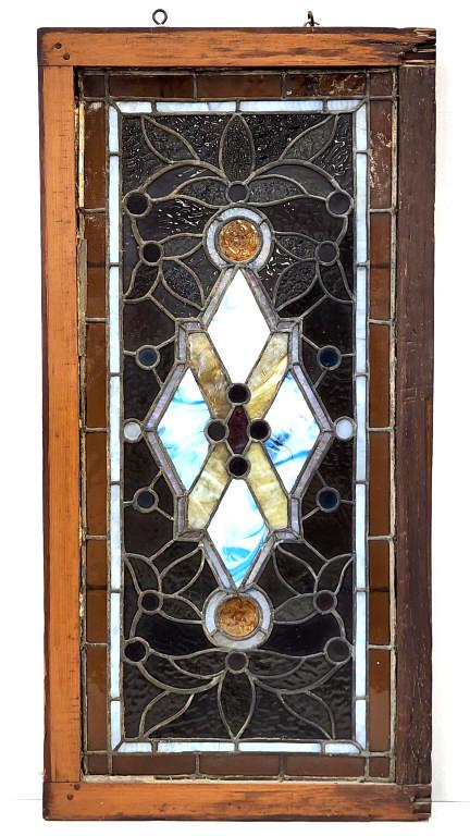 Vintage Jeweled Stain Glass Window, Wood Frame