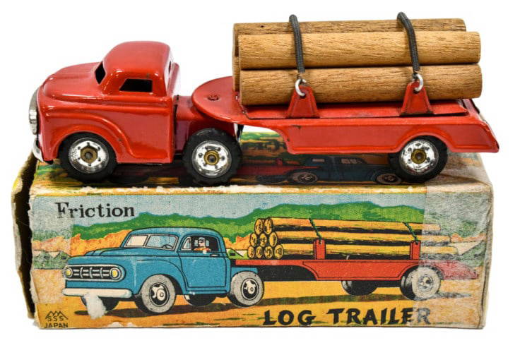 Sss Japan Tin Friction Truck W/ Log Trailer W Box