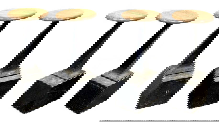 (4) Cast Iron Base Soda Fountain Stools Oak Seats