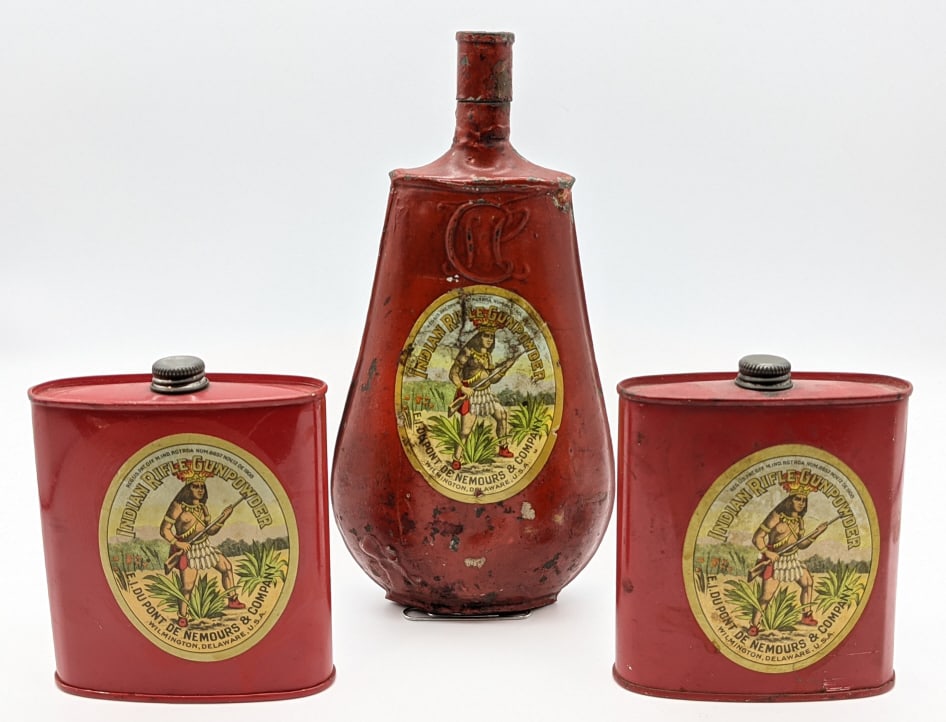 3 Early Dupont Indian Rifle Gunpowder Tins & Flask