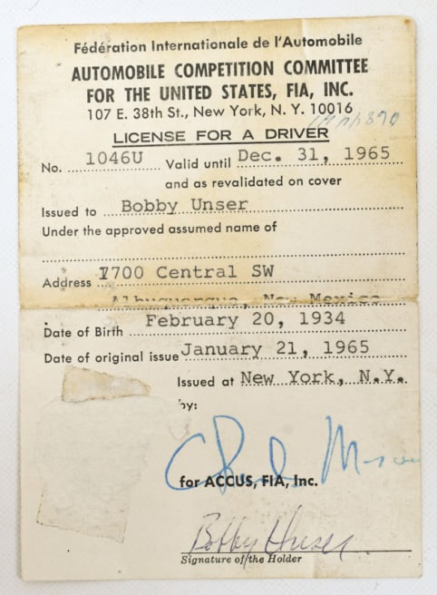 Bobby Unser's 1965 Fia Driver License Auction