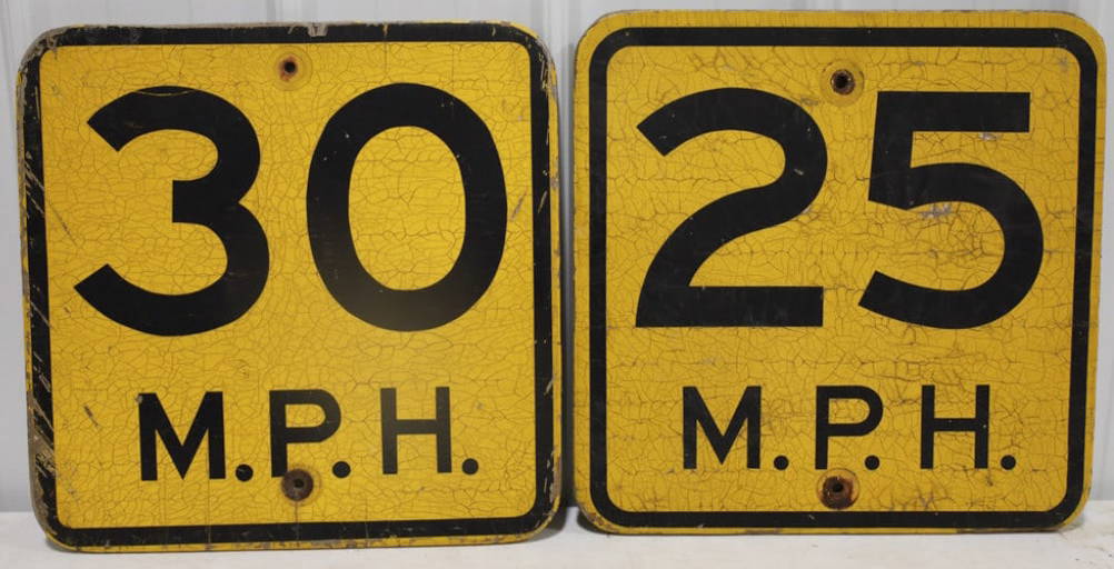 (2) Vintage Masonite Speed Limit Signs