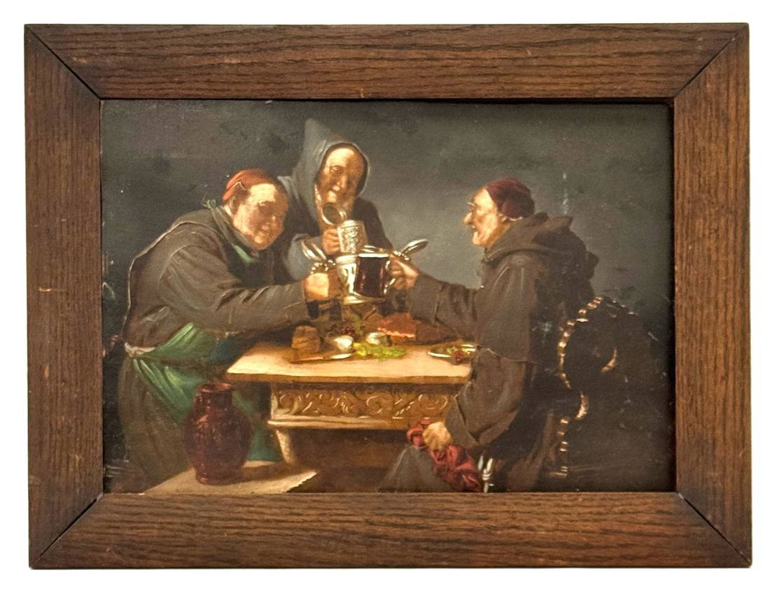 Eduard Gruetzner 19th Century Monks Drinking Print On Wood Auction