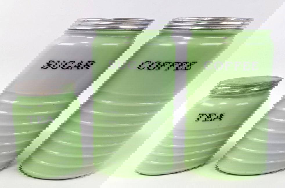 3 Pc 1930's Jeannette Jadeite Ribbed Canister Set Auction