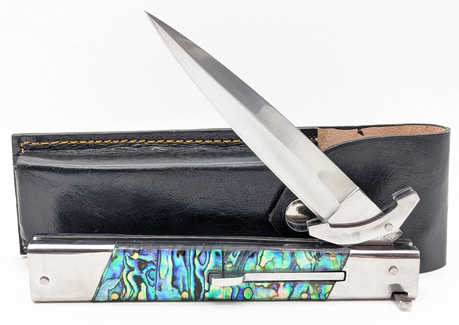 Large Mother Of Pearl Swing Guard Stiletto Switchblade W/ Sheath Auction