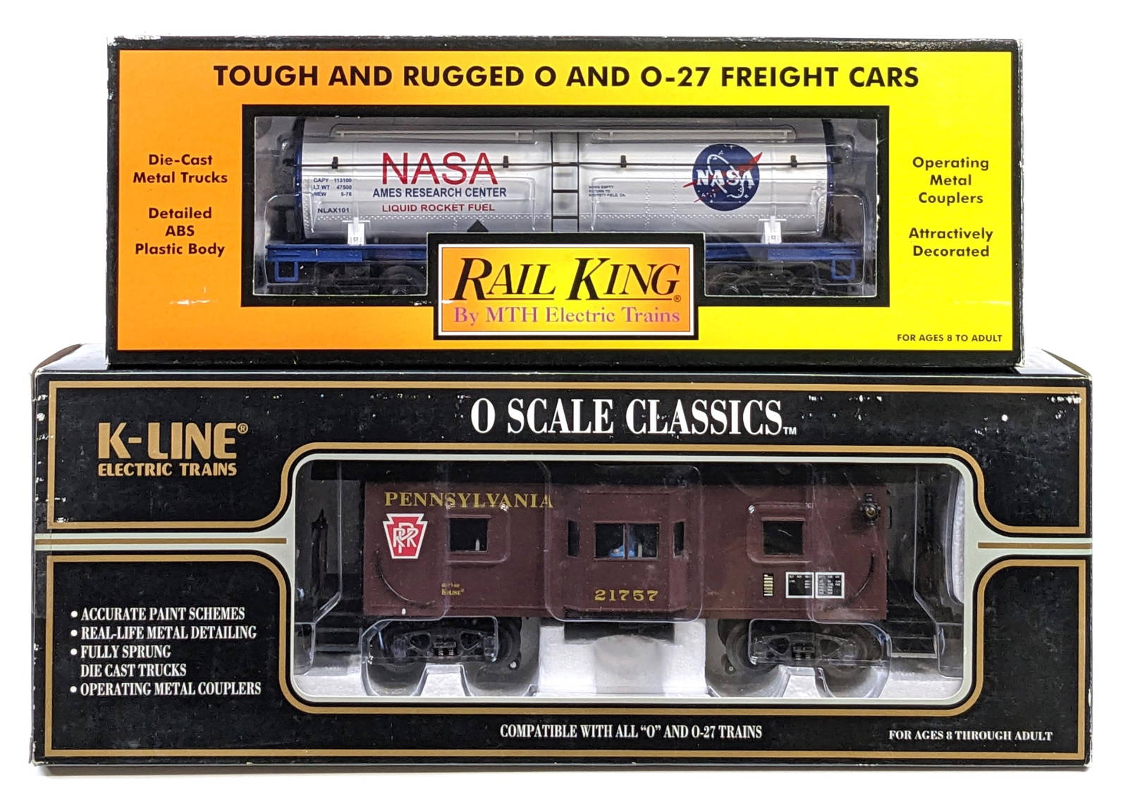 Mth Nasa 3-dome Tank Car & K-line Prr Bay Window Caboose W/ Smoke Unit ...