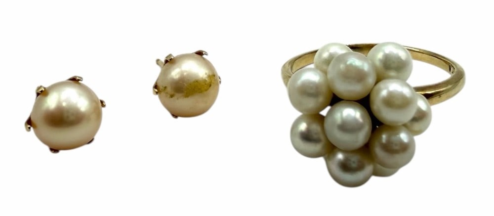 14k Yellow Gold Pearl Studs & 10k Yellow Gold Pearl Cluster Ring Auction