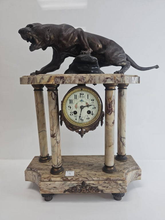 Antique French Marble & Bronze Lion Mantel Clock Auction