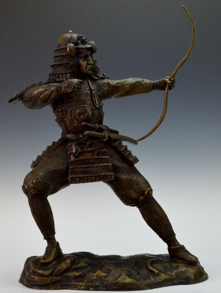 Bronze Samurai Archer Statue With Bow