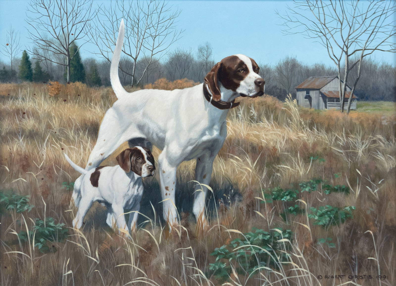 Robert Christie (20th/21st Centuries), Pointer And Puppy In Field Auction