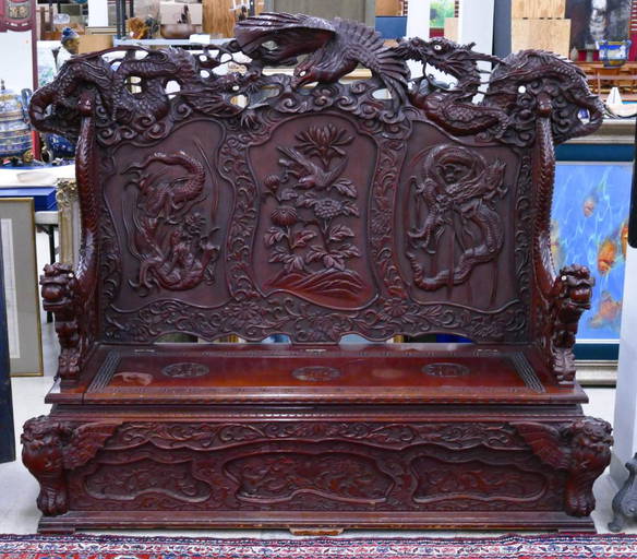 Impressive Japanese Carved Dragon Bench 62''x72''x29''.