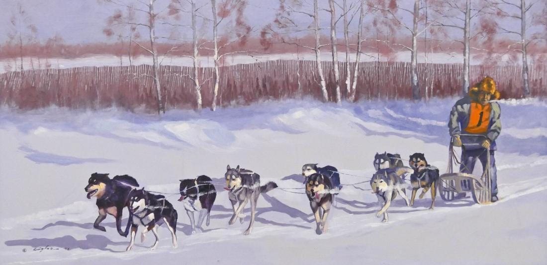 Alaskan Iditarod Dog Sled 1973 Oil on Canvas 18''x36''.