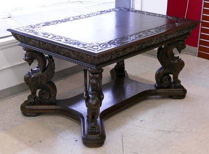 Antique Rj Horner Carved Wood Library Table