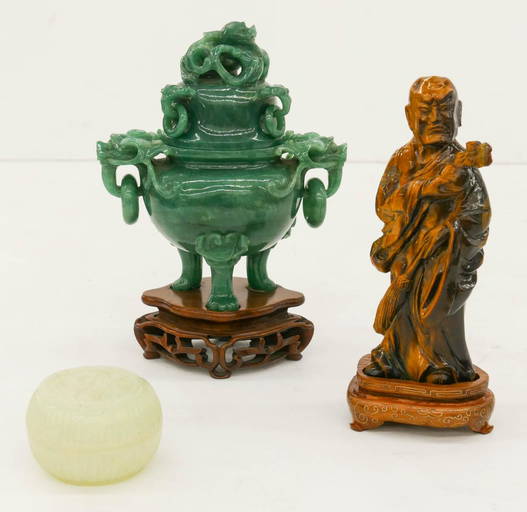 3pc Chinese Hardstone Carvings. Includes A Green Stone
