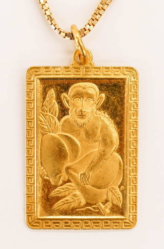 Chinese .999 Gold Monkey Pendant Necklace. A Heavy